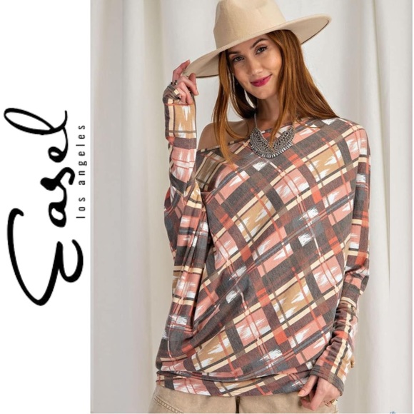 easel | Tops | Easel Check In One Slouch Tunic Top Greymauveburgundytan ...